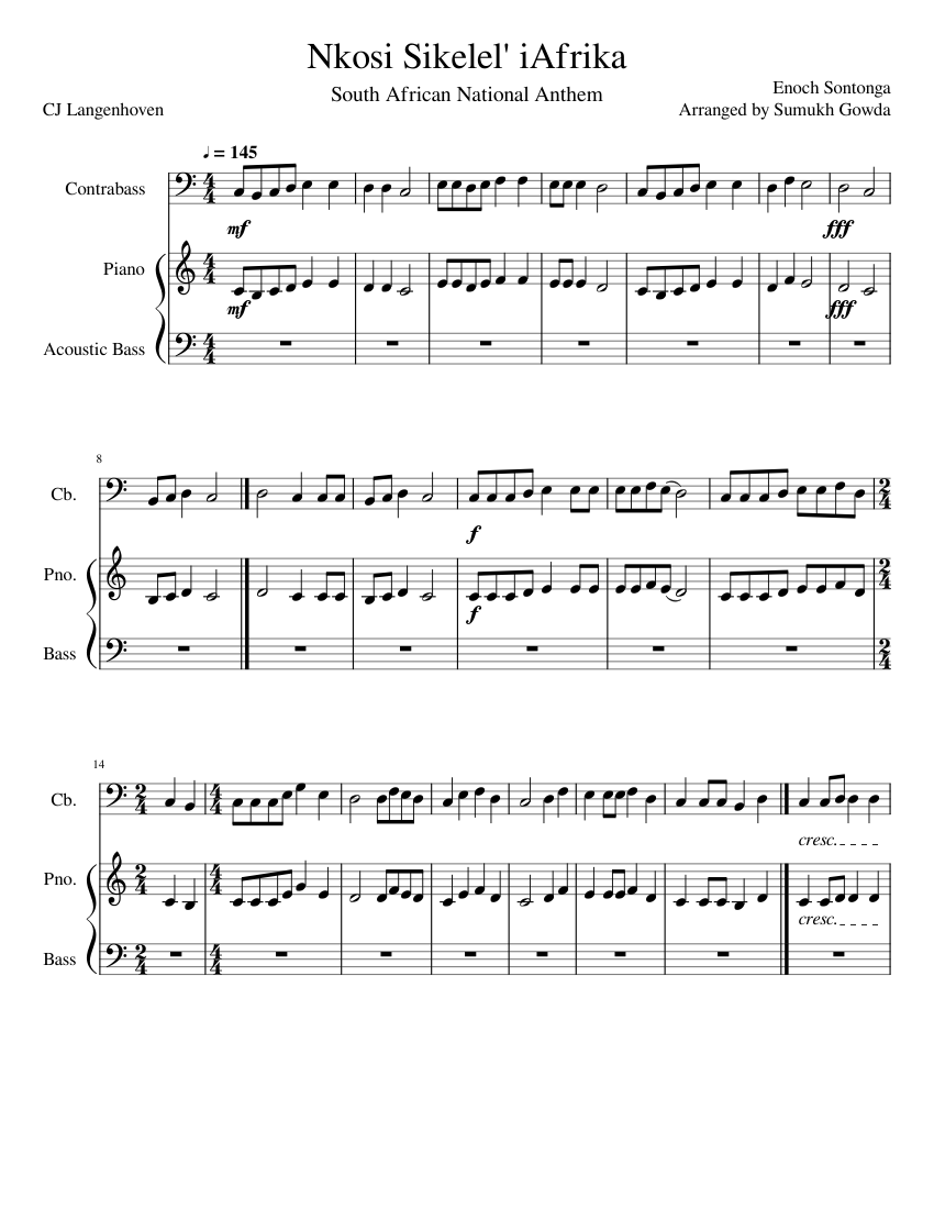 Nkosi Sikelel iAfrika Sheet Music for Piano, Contrabass, Bass guitar ...