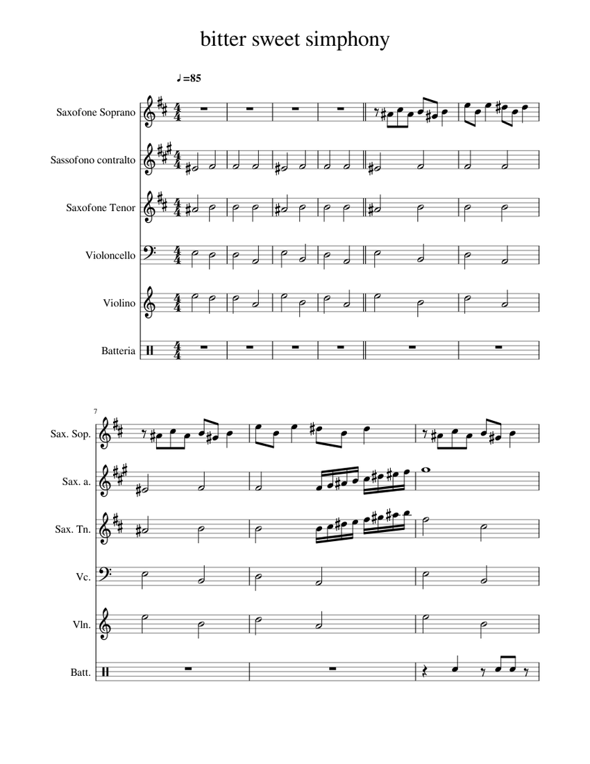 bitter sweet simphony Sheet music for Saxophone alto, Saxophone tenor, Violin, Cello & more ...