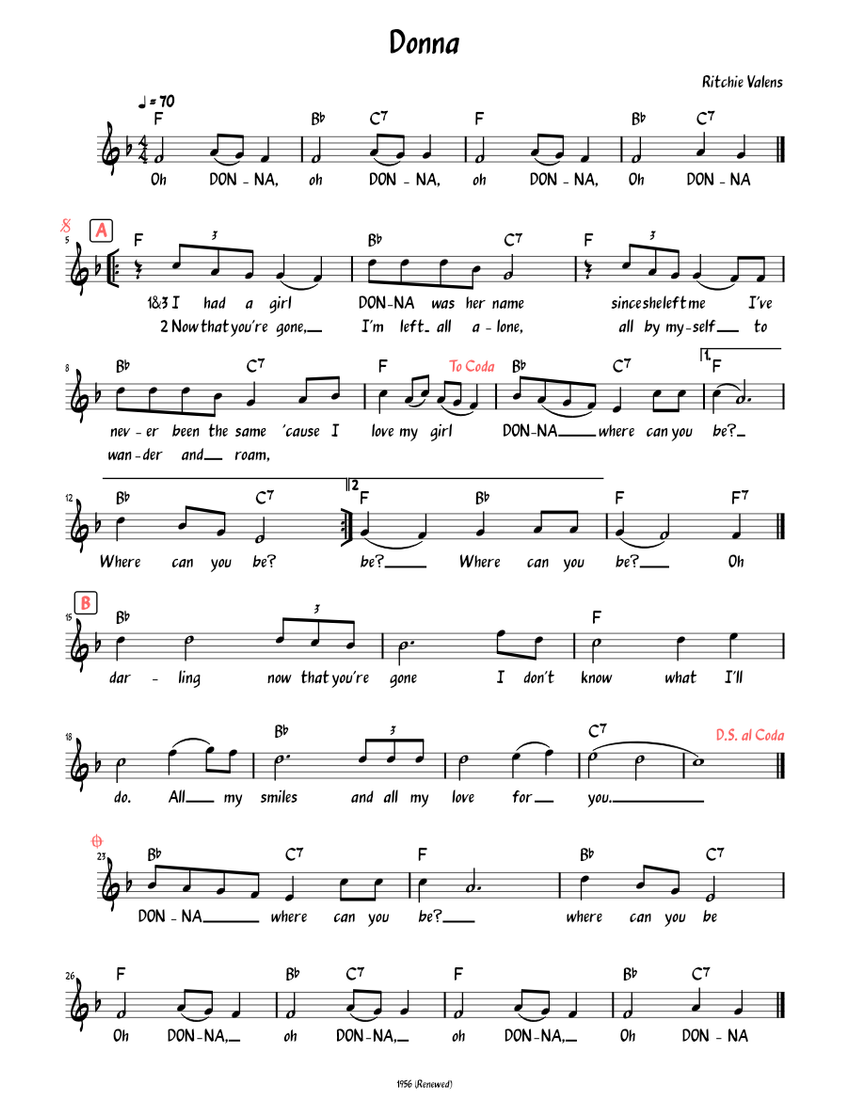 Donna (Lead sheet with lyrics ) Sheet Music with Chords for Piano (Solo ...