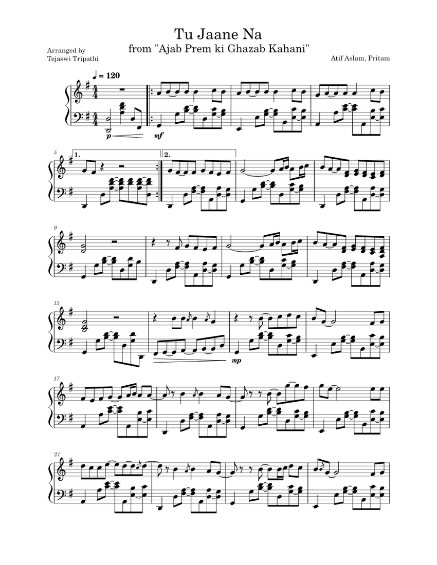 Tu Jaane Na - Atif Aslam, Pritam (Ajab Prem Ki Ghazab Kahani OST) Sheet ...