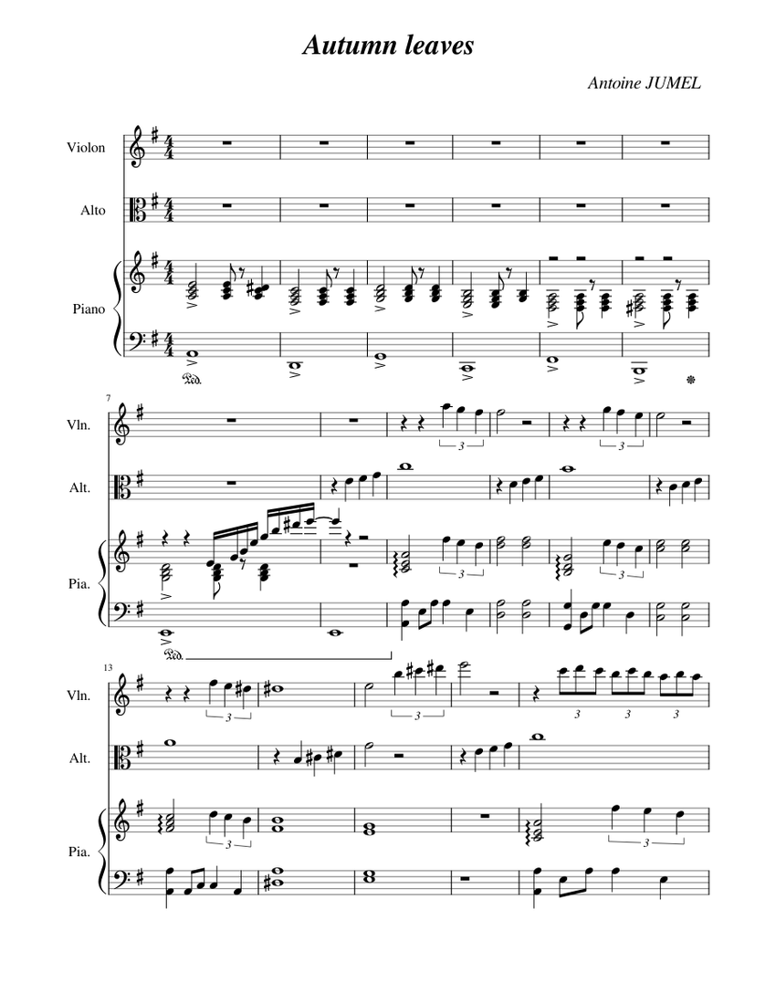 Autumn Leaves Sheet Music for Piano, Violin, Viola (String Trio ...