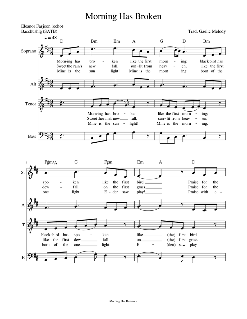 Morning Has Broken Sheet music for Soprano, Alto, Tenor, Bass voice ...