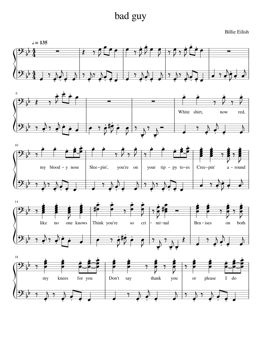 bad guy Sheet Music for Piano (Solo) Easy | MuseScore.com