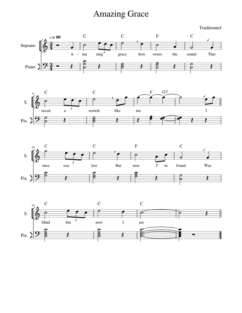 Amazing Grace_chant accords Sheet music for Piano, Soprano (Piano-Voice ...