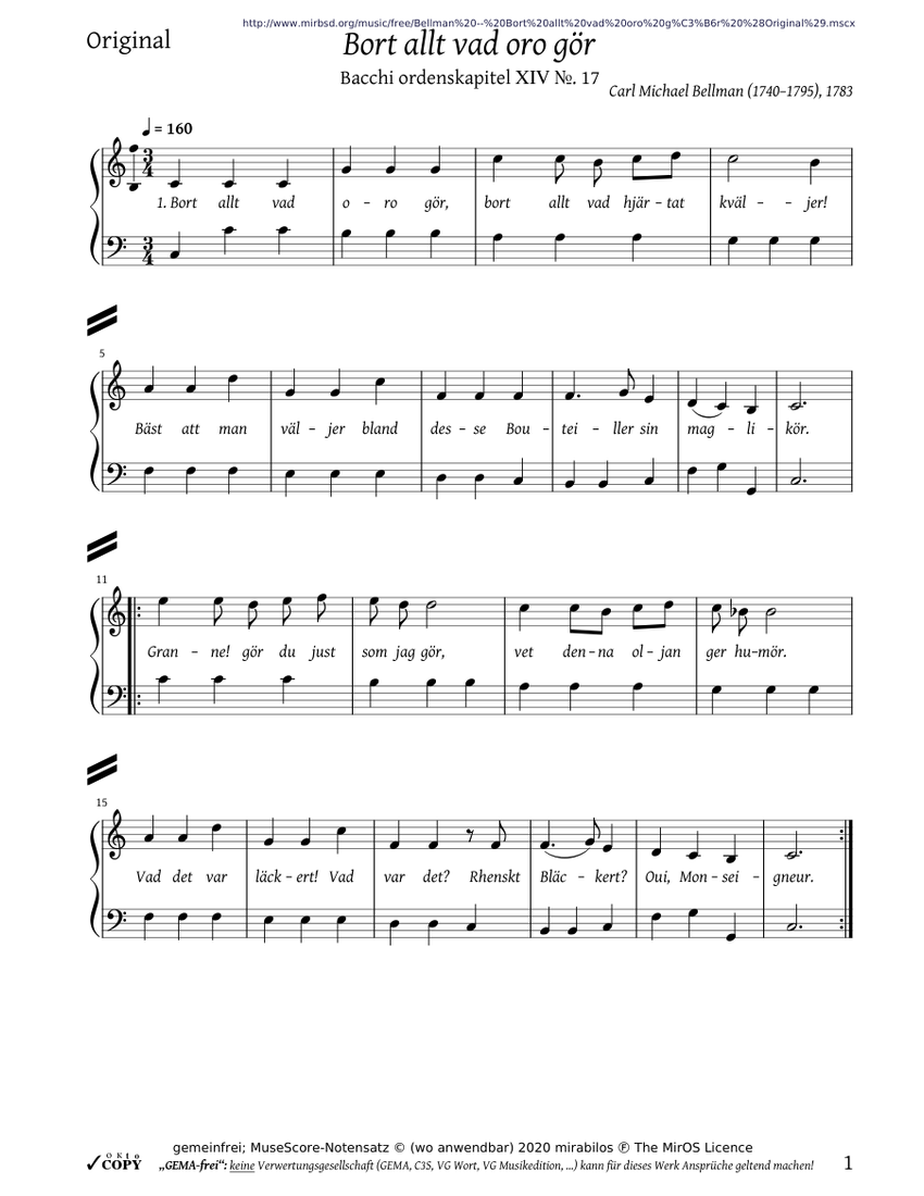 Bellman — Bort allt vad oro gör (Original) Sheet music for Harpsichord ...