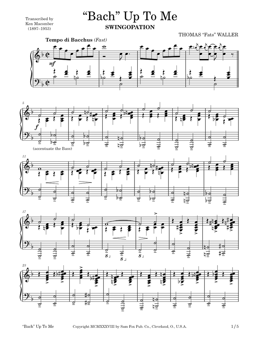 "Bach" Up To Me – Fats Waller Sheet music for Piano (Solo) | Musescore.com