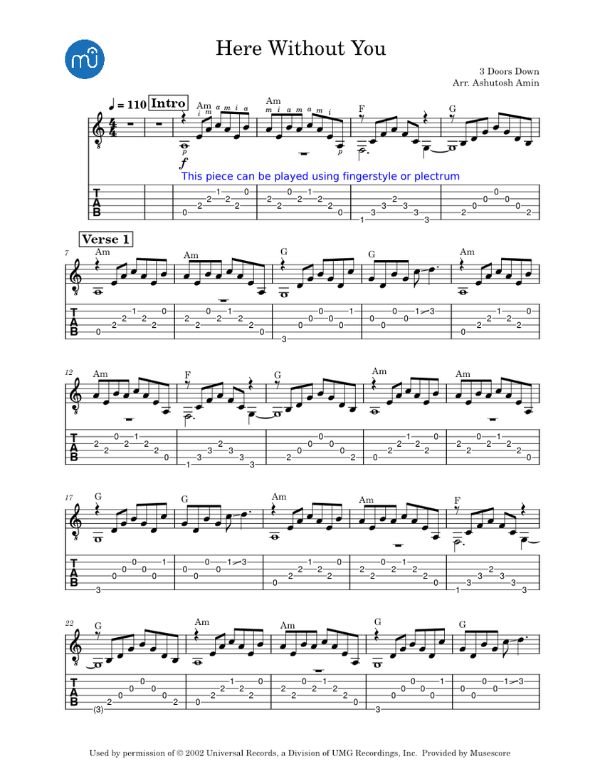 Here Without You - 3 Doors Down (GTR103-M10) Sheet music for Guitar ...