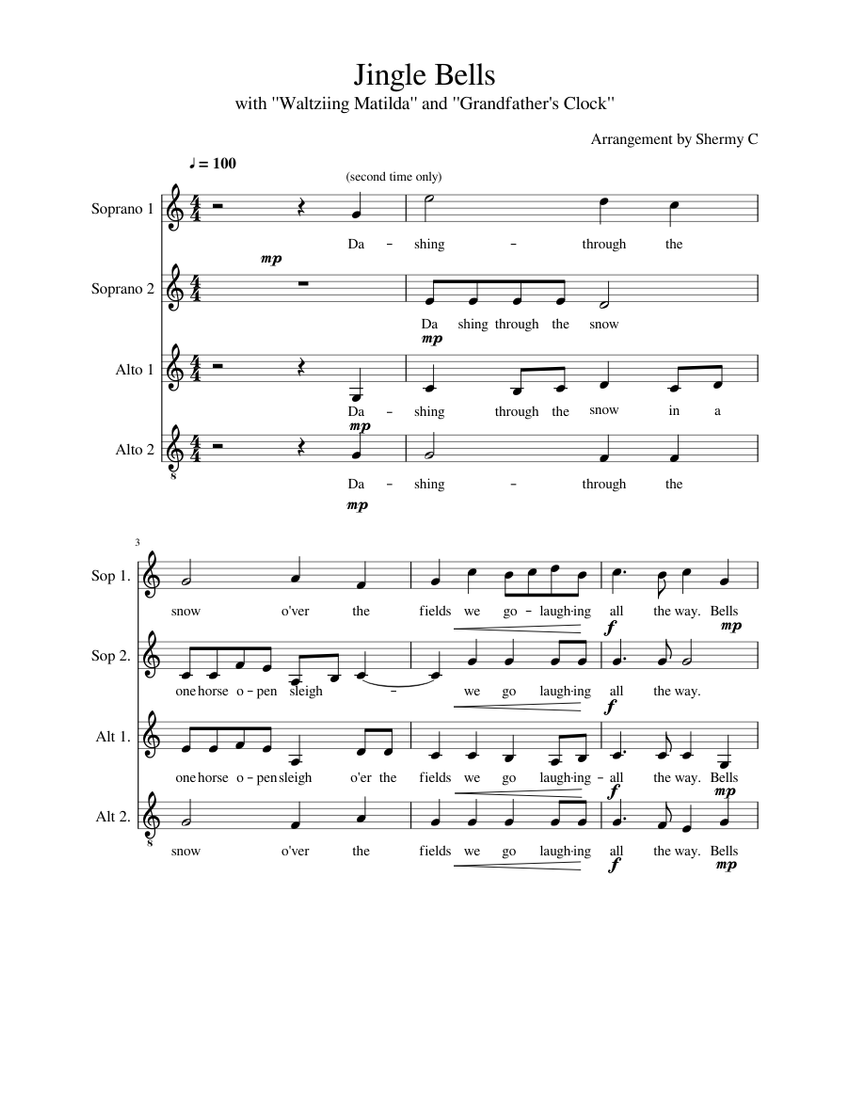 Jingle Bells (Acapella arrangement for SSAA) Sheet Music for Piano ...