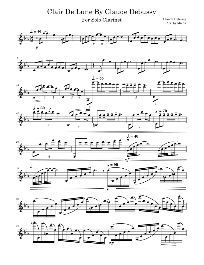 Clair De Lune By Claude Debussy For Solo Clarinet Sheet Music for ...