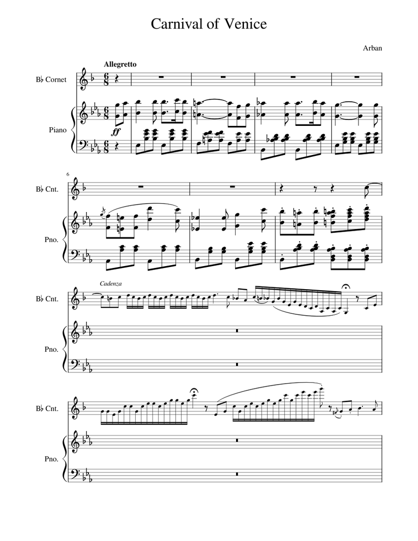 Arban Carnival of Venice Sheet Music for Piano, Cornet (Solo ...