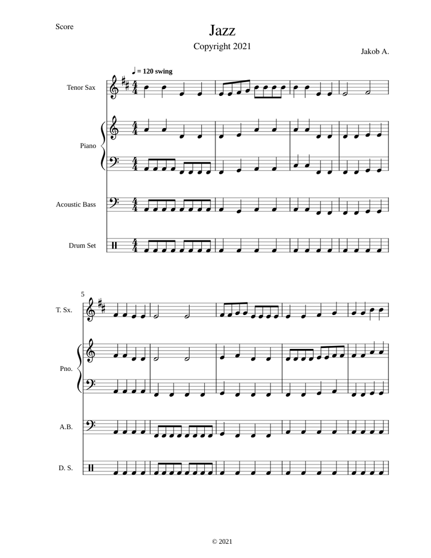 Jazz Sheet music for Piano, Saxophone tenor, Bass guitar, Drum group ...
