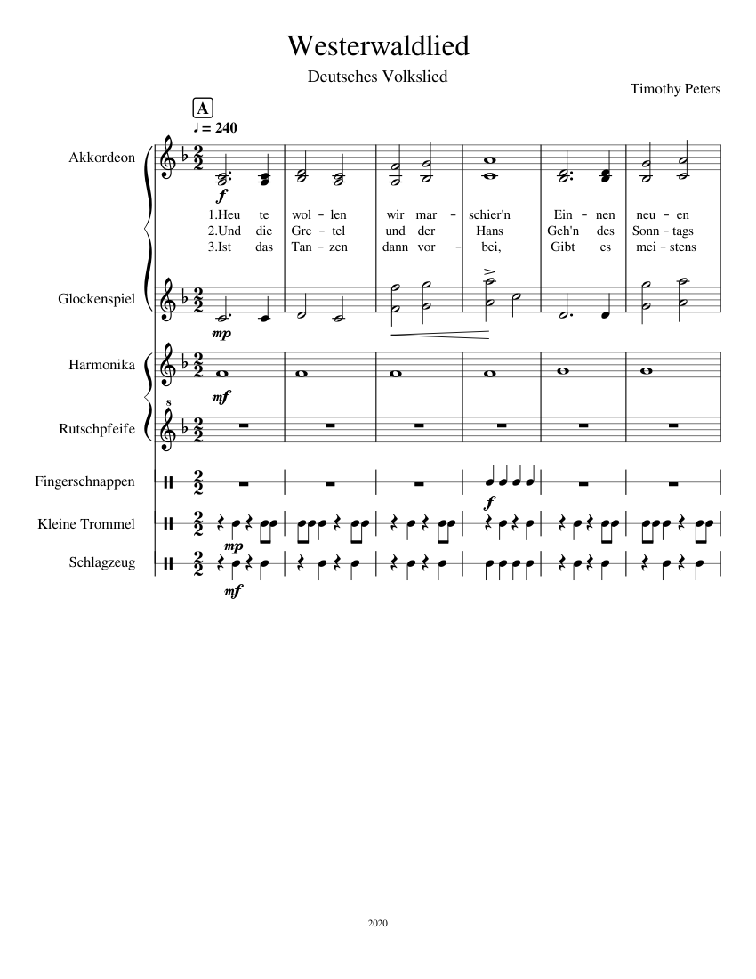 Westerwaldlied Sheet Music for Accordion, Glockenspiel, Snare drum ...