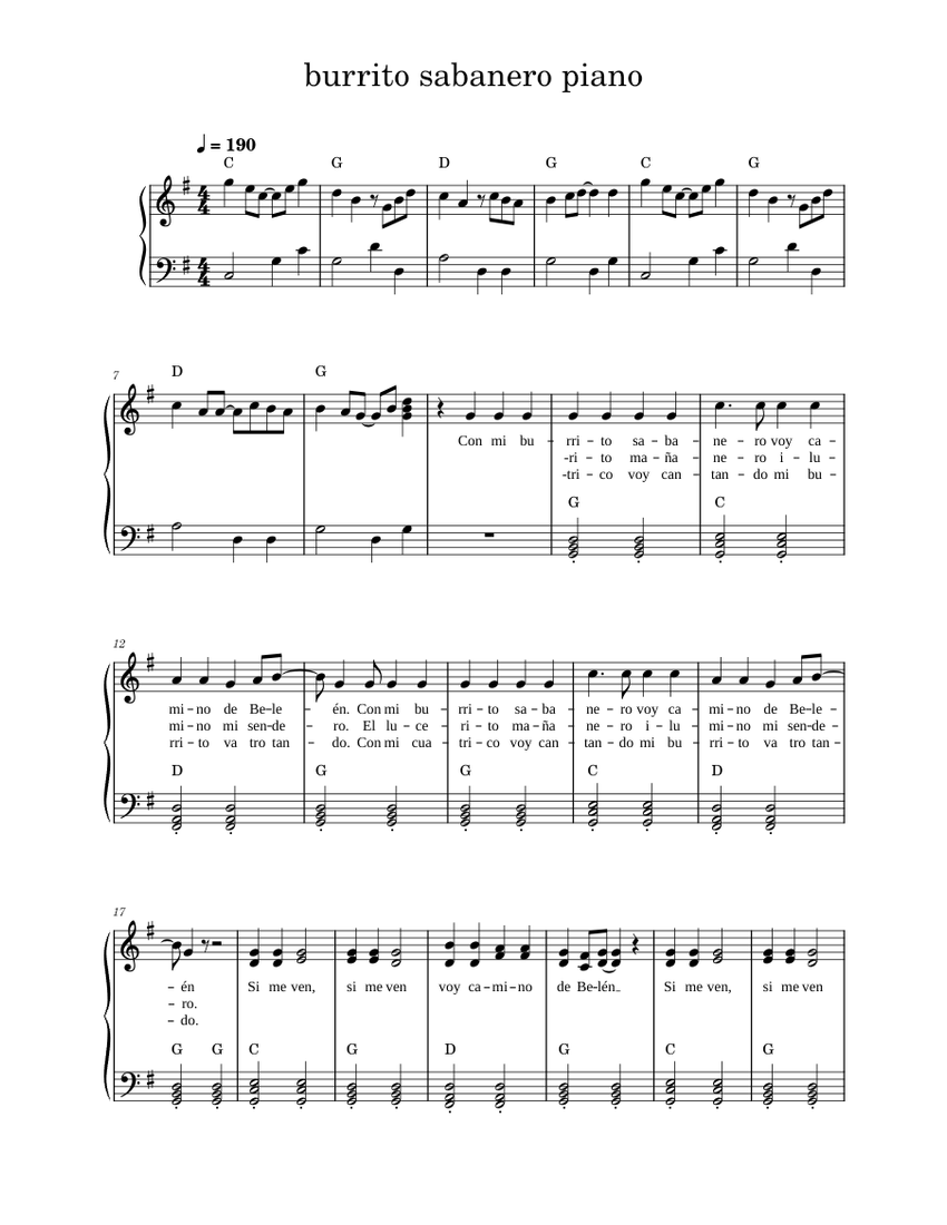 Burrito Sabanero – Villancicos burrito sabanero sol Sheet Music with ...