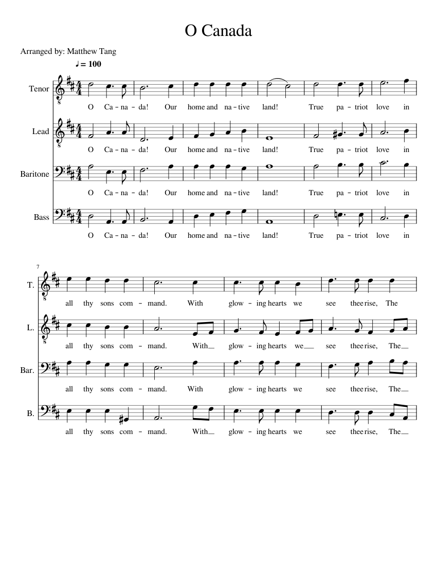 O Canada Sheet Music for Tenor, Bass voice, Baritone (Men’s Choir ...
