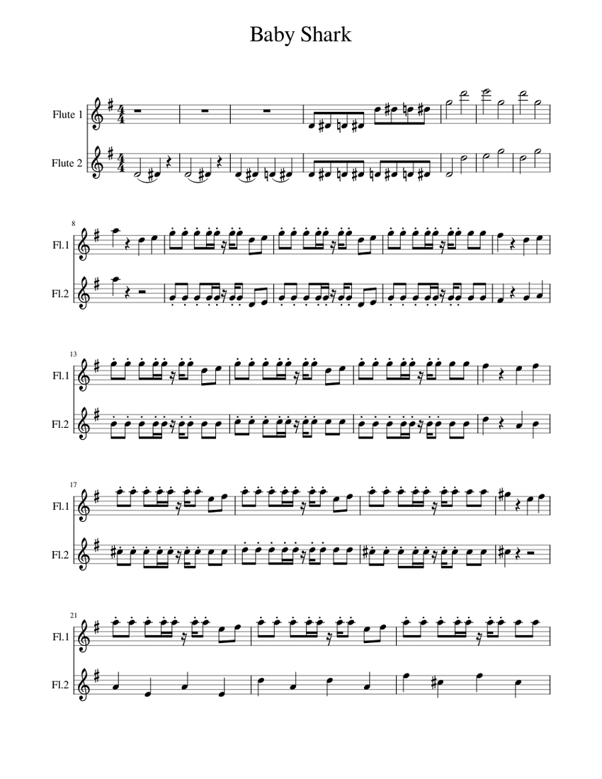 Baby Shark Sheet Music for Flute (Woodwind Duet) | MuseScore.com