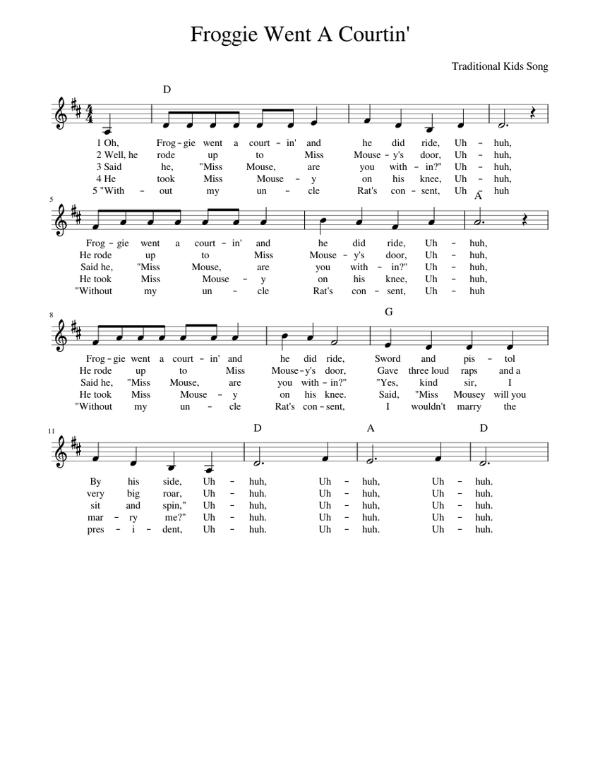 Traditional music - Froggie Went A Courtin' Sheet Music with Chords for ...