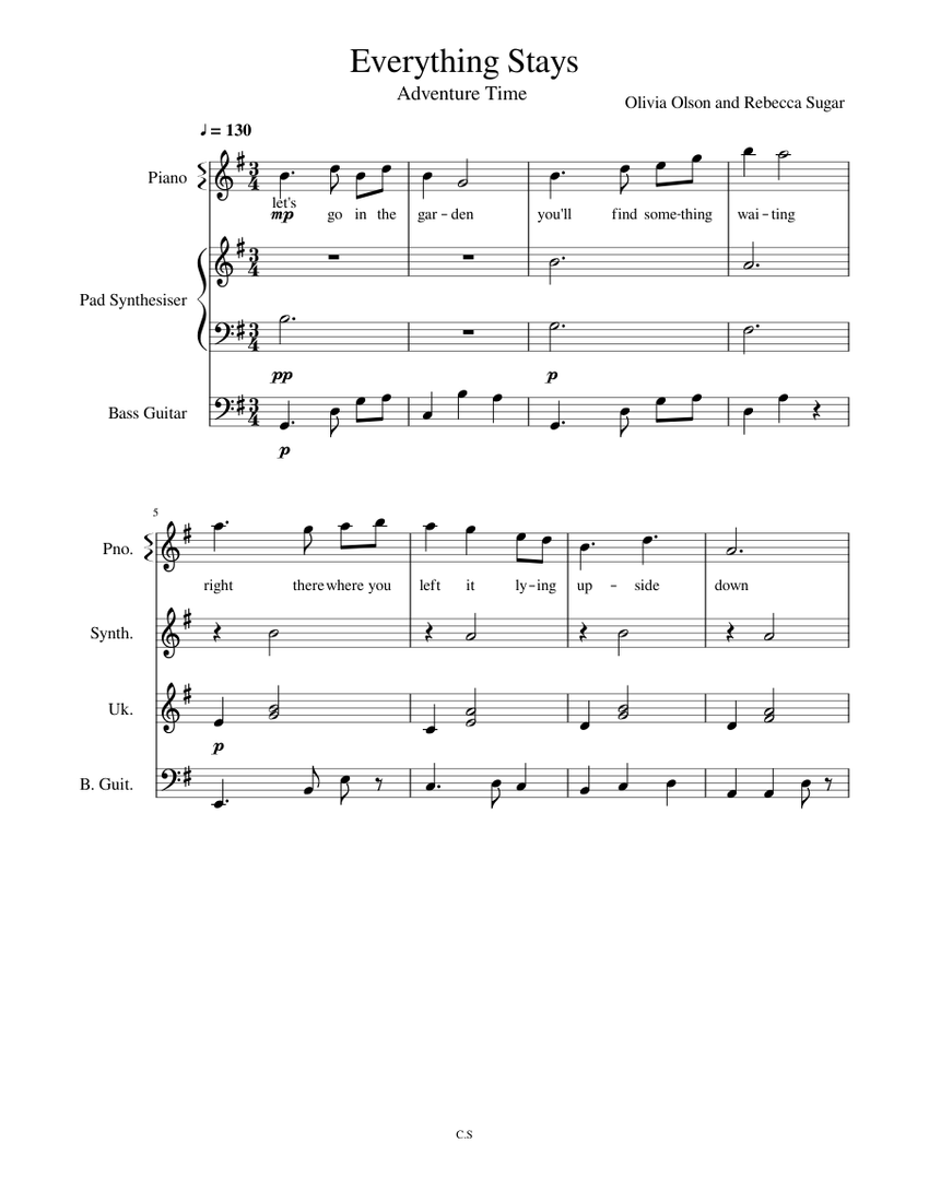 Adventure Time- Everything Stays Sheet Music with Chords for Piano ...