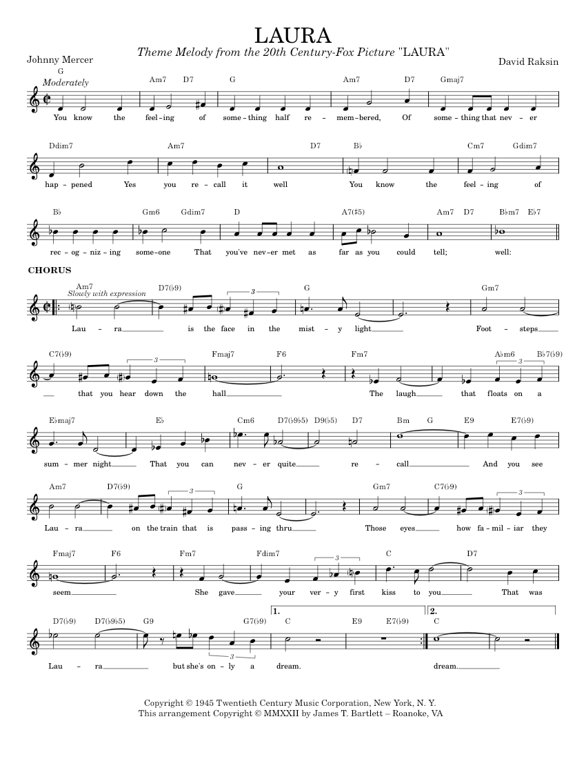 Laura [lead sheet] Sheet Music with Chords for Clarinet in b-flat (Solo ...