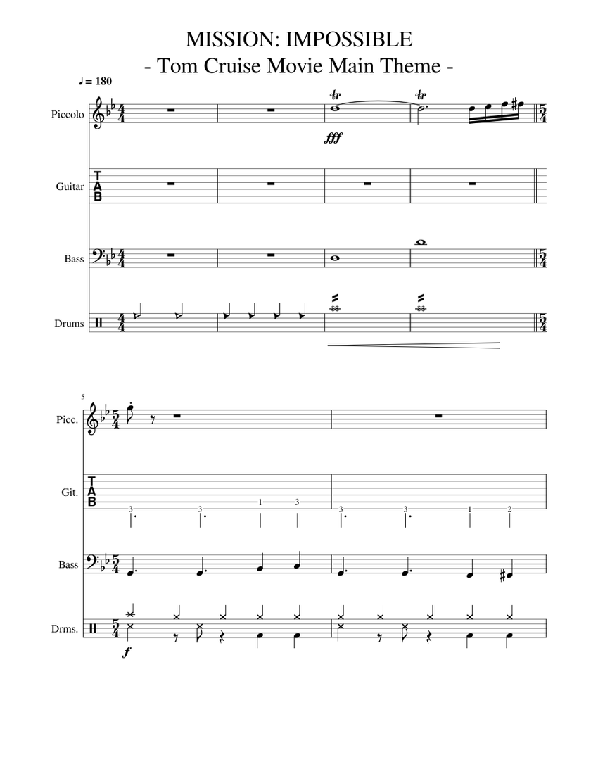 MISSION: IMPOSSIBLE - Tom Cruise Movie Main Theme -[corrected] Sheet ...