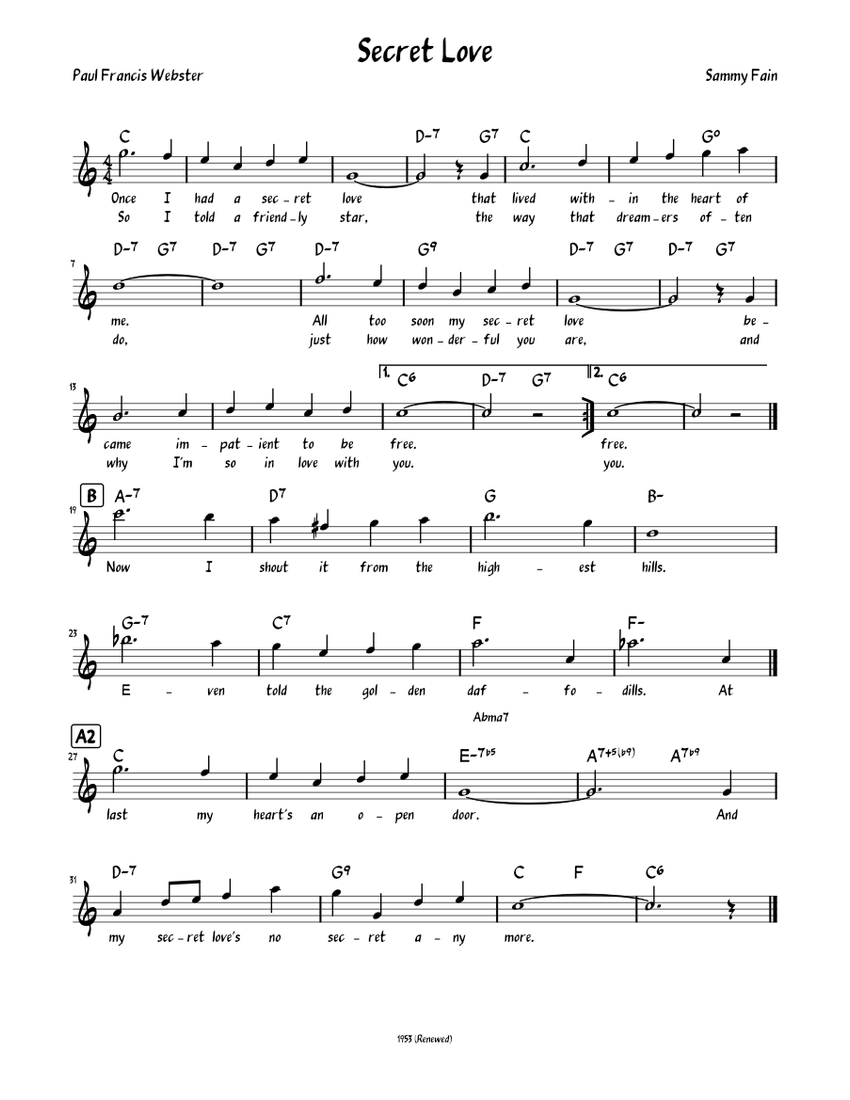 Secret Love (Lead sheet with lyrics ) Sheet Music with Chords for Piano ...