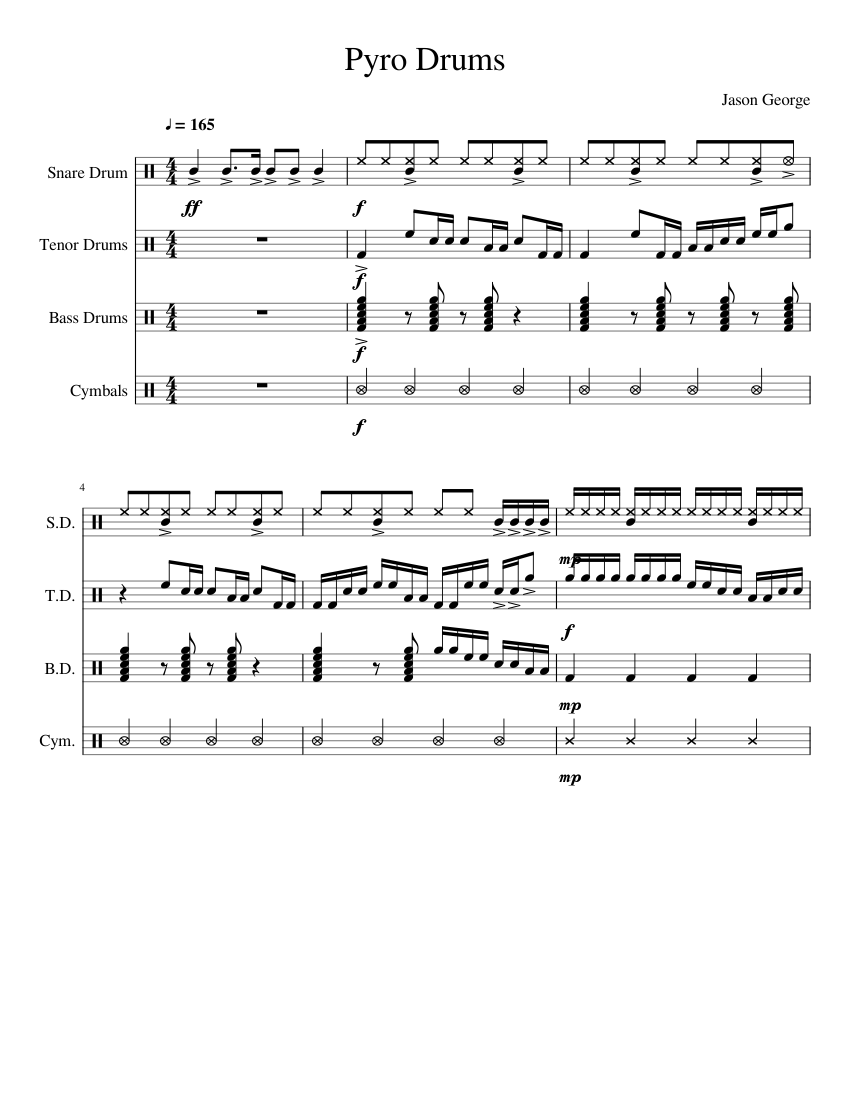 Pyro Drums Sheet music for Snare drum, Crash, Tenor drum, Bass drum ...