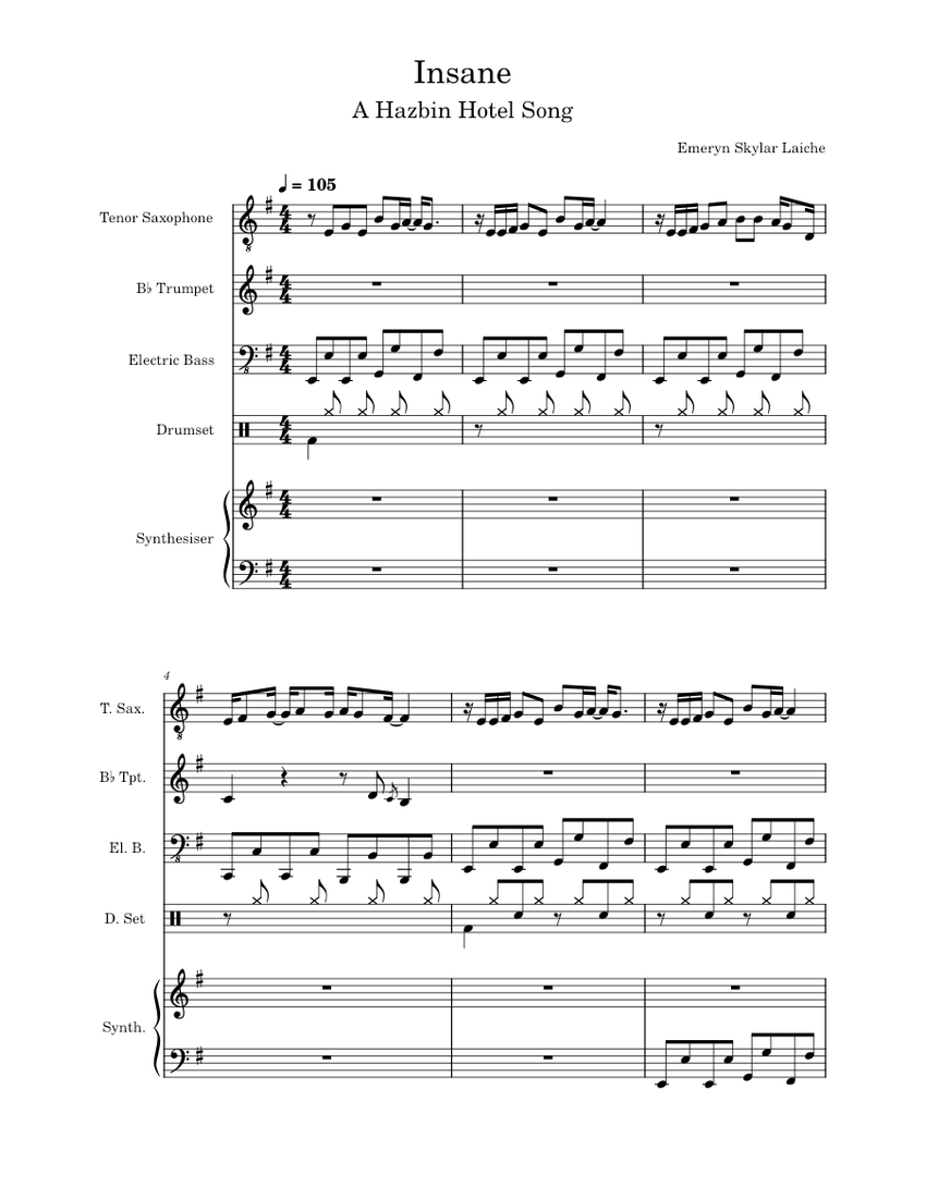 Insane – Black Gryph0n Insane - A Hazbin Hotel Song Sheet Music for Saxophone tenor, Trumpet in ...