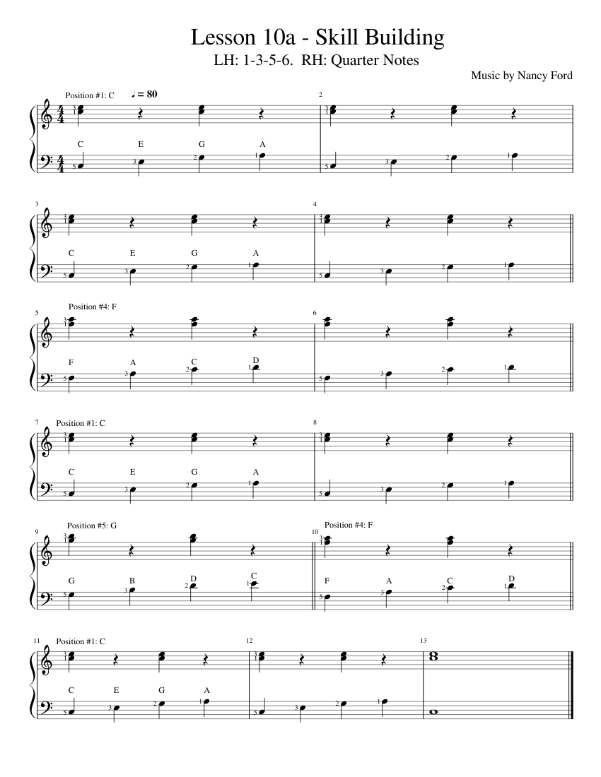 Lesson 10a - Skill Building - LH 1-3-5-6, RH - Quarter Notes Sheet ...