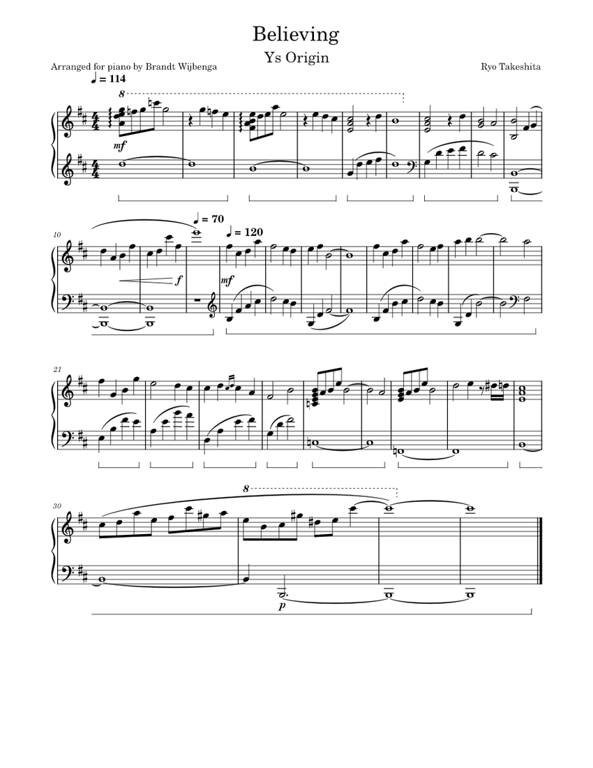 Believing – Ryo Takeshita (Ys Origin) Sheet music for Piano (Solo) Easy ...