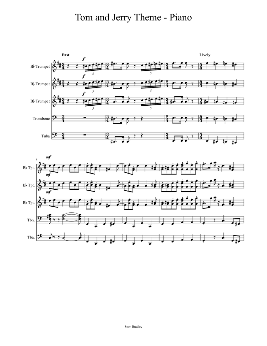 Tom and Jerry Theme Sheet music for Trombone, Tuba, Trumpet in b-flat ...