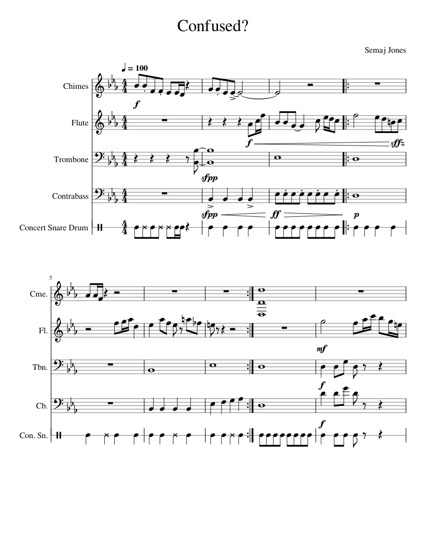 Confused? Sheet music for Trombone, Flute, Contrabass, Snare drum ...