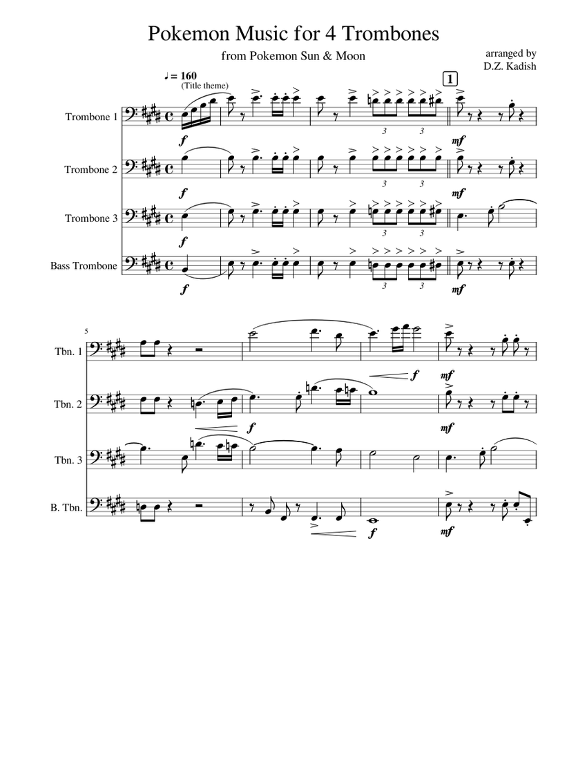 Pokemon music for 4 trombones Sheet music for Trombone, Trombone bass ...