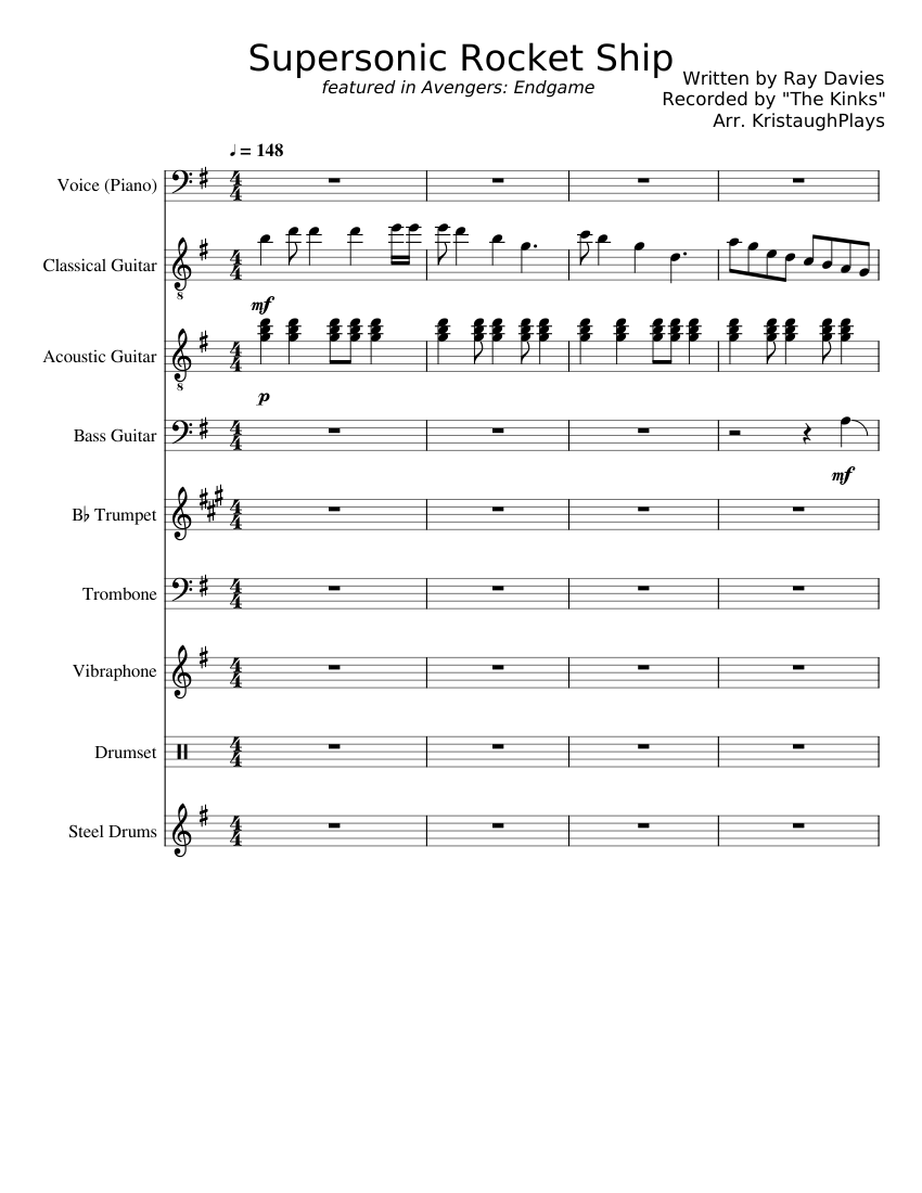 Supersonic Rocket Ship - The Kinks Sheet Music for Piano, Trombone ...