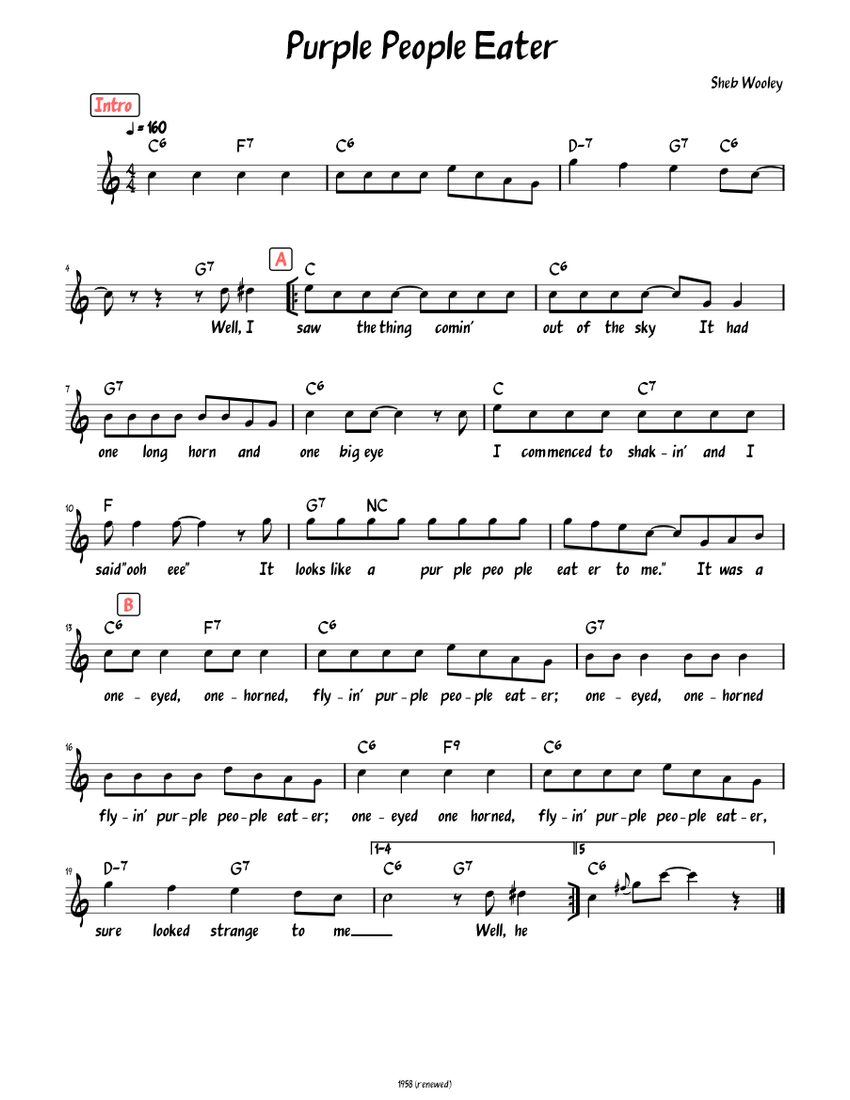 Purple People Eater Sheet Music with Chords for Piano (Solo) easy ...