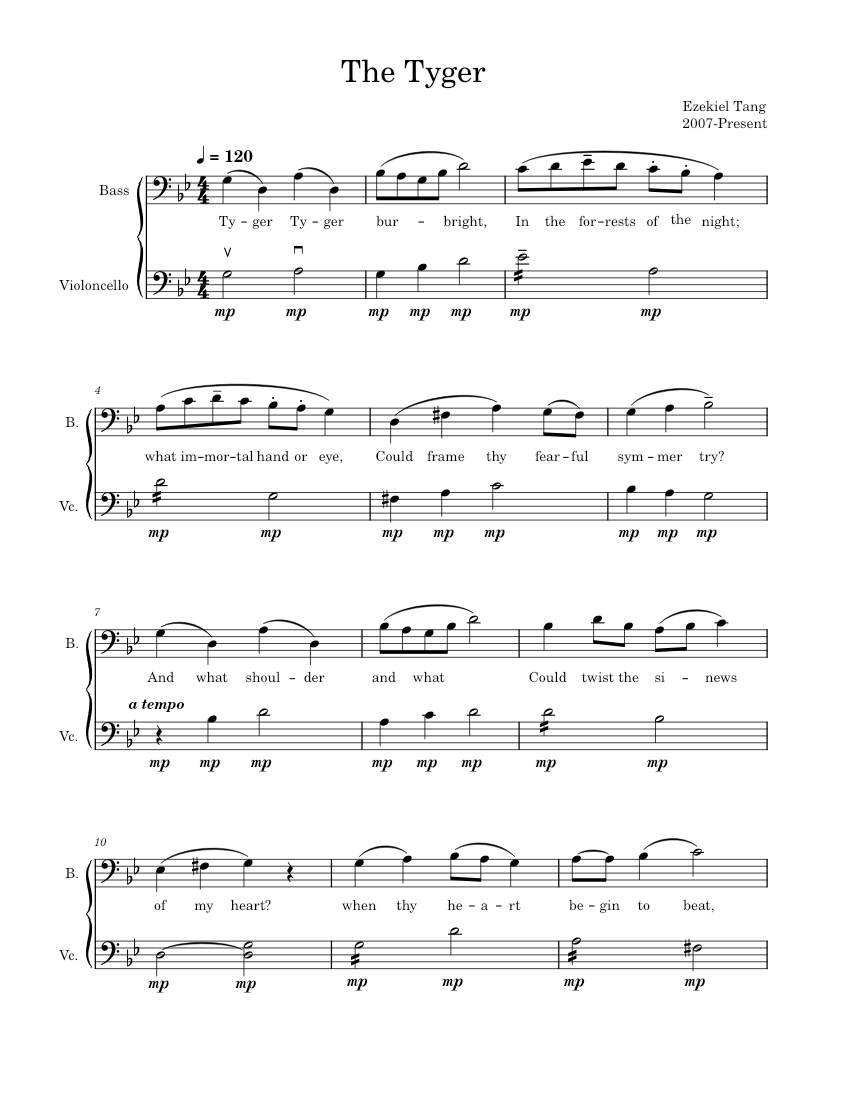The Tyger Sheet music for Bass voice, Cello (Mixed Duet) | Musescore.com