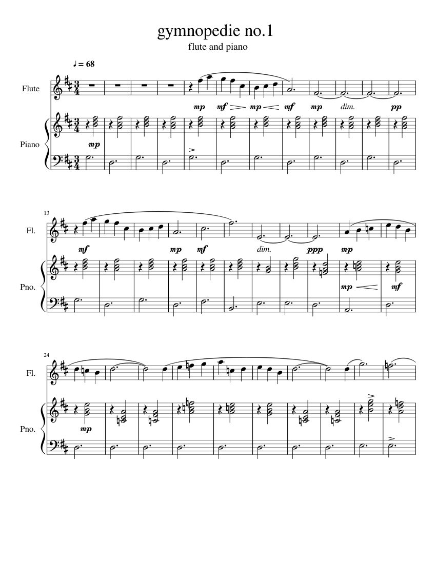 gymnopedie no.1 Sheet music for Piano, Flute (Solo) | Musescore.com