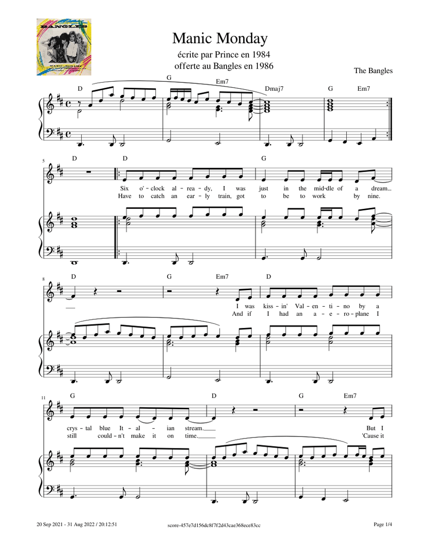 Manic Monday – The Bangles Sheet Music with Chords for Piano, Vocals ...