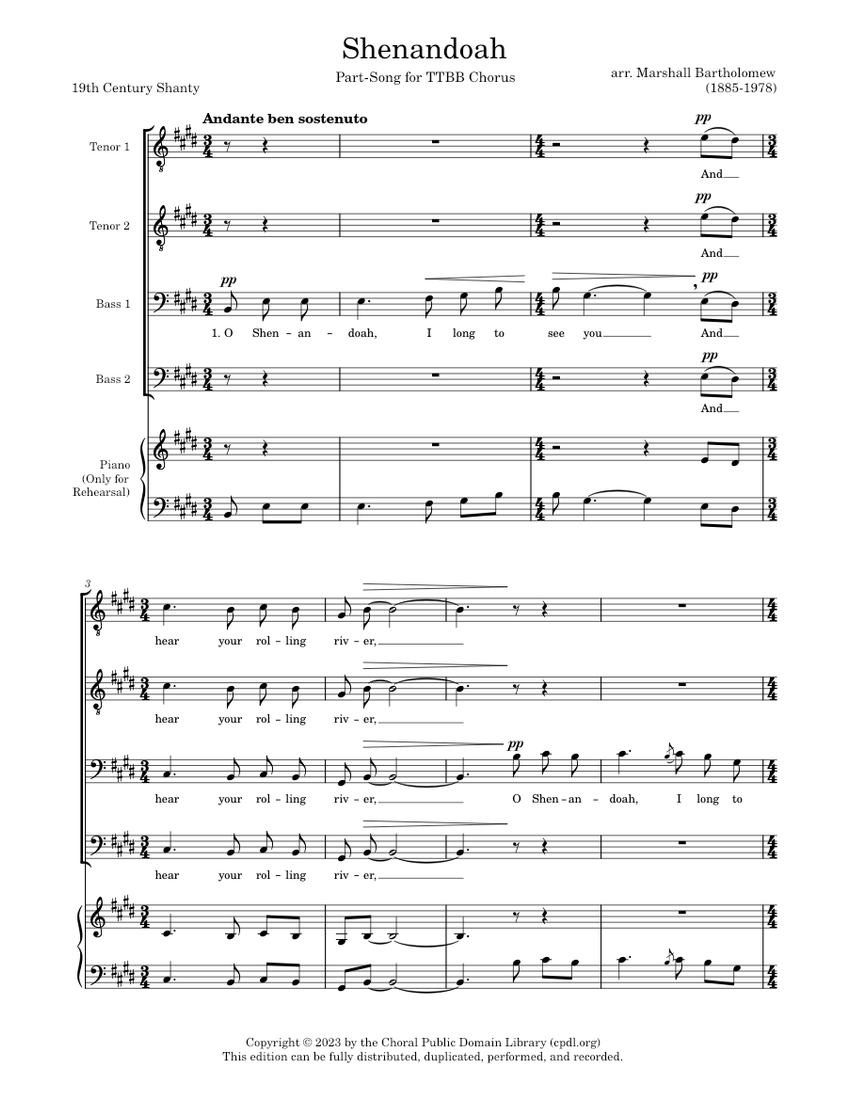 Shenandoah - arr. Marshall Bartholomew Sheet music for Piano, Tenor ...