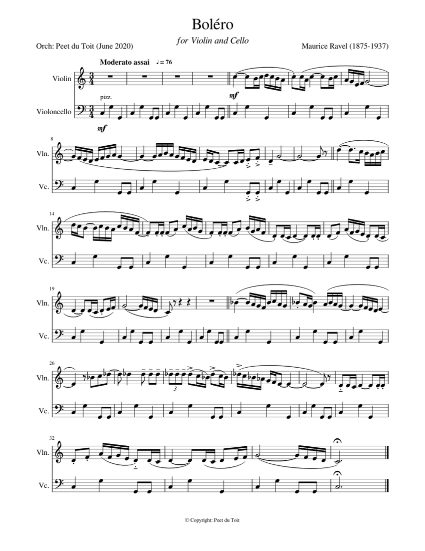 Boléro - M Ravel (Violin & Cello) Sheet music for Violin, Cello (String ...