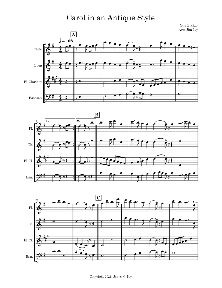 Carol in an Antique Style Sheet music for Flute, Oboe, Clarinet in b ...