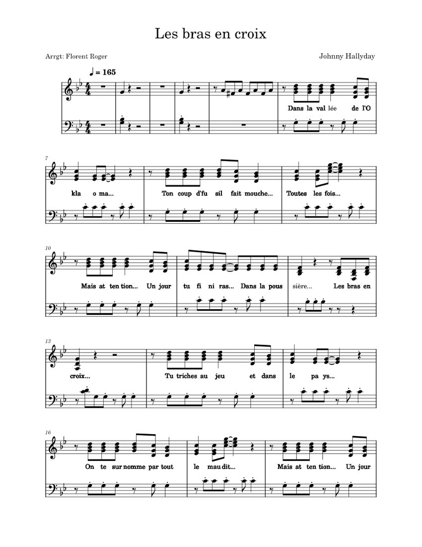 Les bras en croix – Johnny Hallyday Sheet Music for Piano (Solo ...