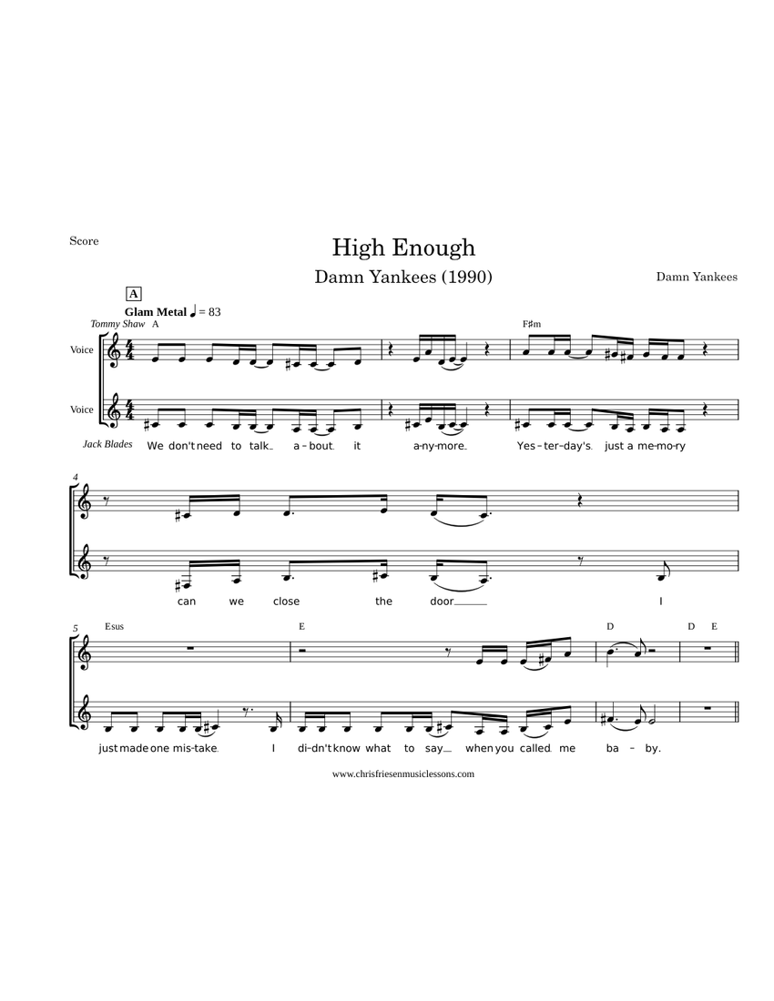 High enough – Damn Yankees Vocal Harmonies High Enough Sheet Music for ...