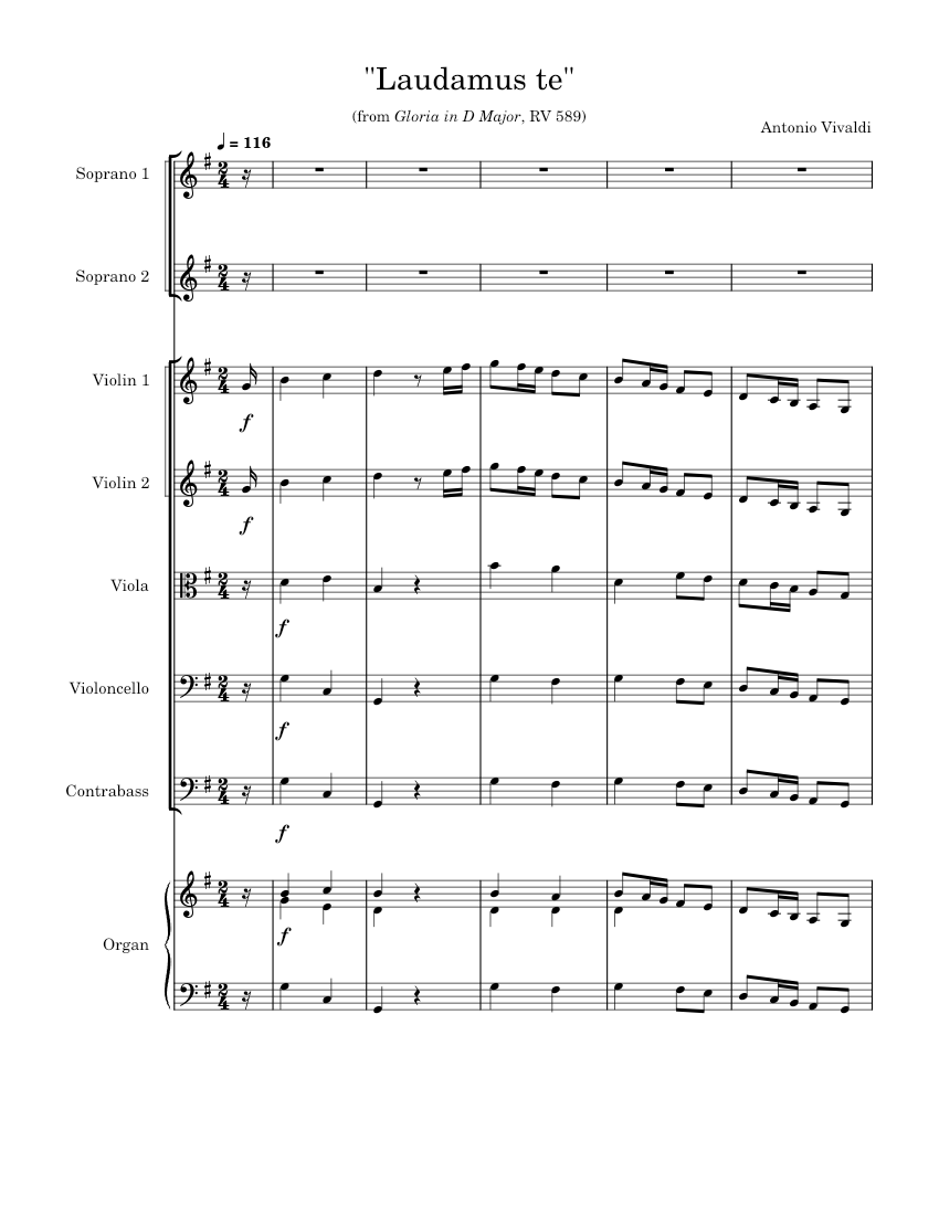 "Laudamus te" (from Gloria in D Major, RV 589) Sheet Music for Organ, Vocals, Strings group ...