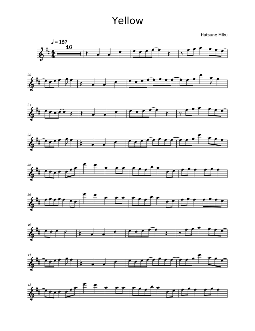 Yellow – Hatsune Miku (For Alto Sax.) Sheet Music for Saxophone alto ...