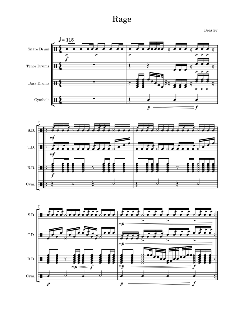Rage Sheet music for Snare drum, Crash, Tenor drum, Bass drum (Drum ...