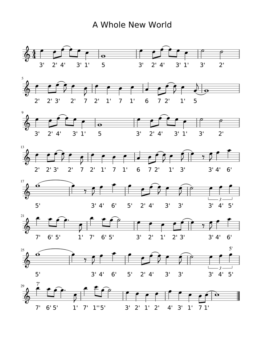 A Whole New World Sheet Music with Chords for Piano (Solo) easy ...