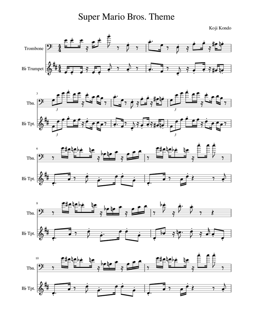 Super Mario Bros. Theme Sheet Music for Trombone, Trumpet in b-flat ...