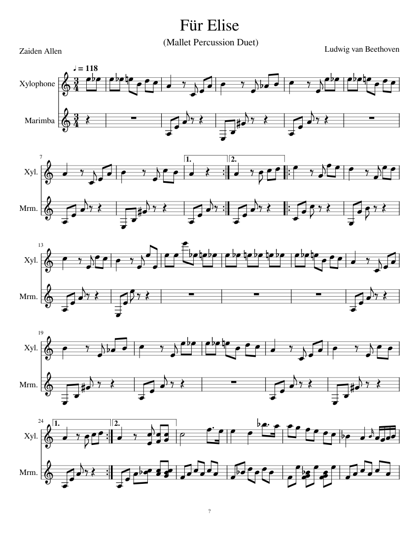 Fur_Elise (Mallet Duet) Sheet Music for Marimba, Xylophone (Percussion ...