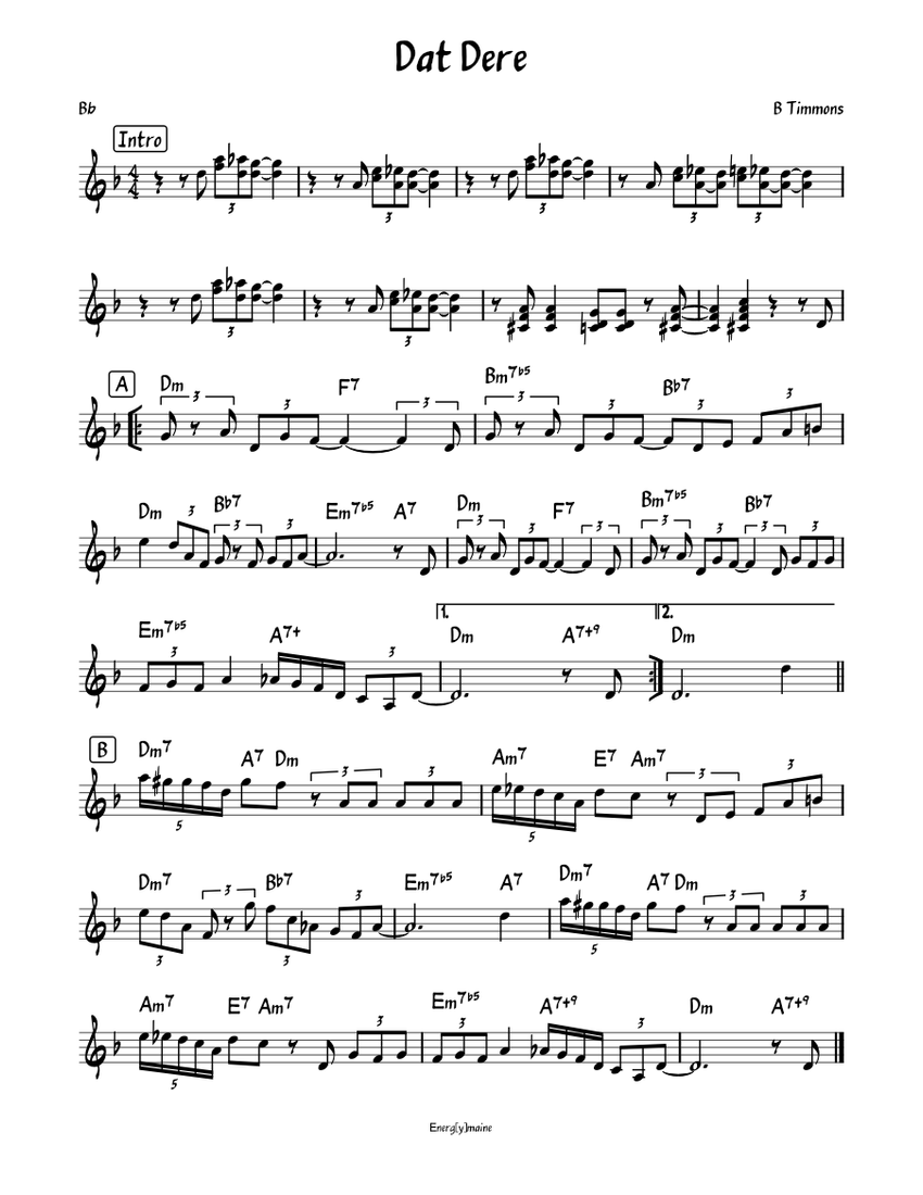 Dat Dere – Bobby Timmons Bb Sheet Music | MuseScore.com