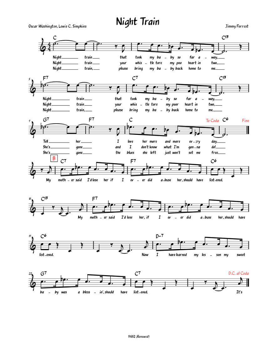 Night Train (Lead sheet with lyrics ) Sheet Music with Chords for Piano ...
