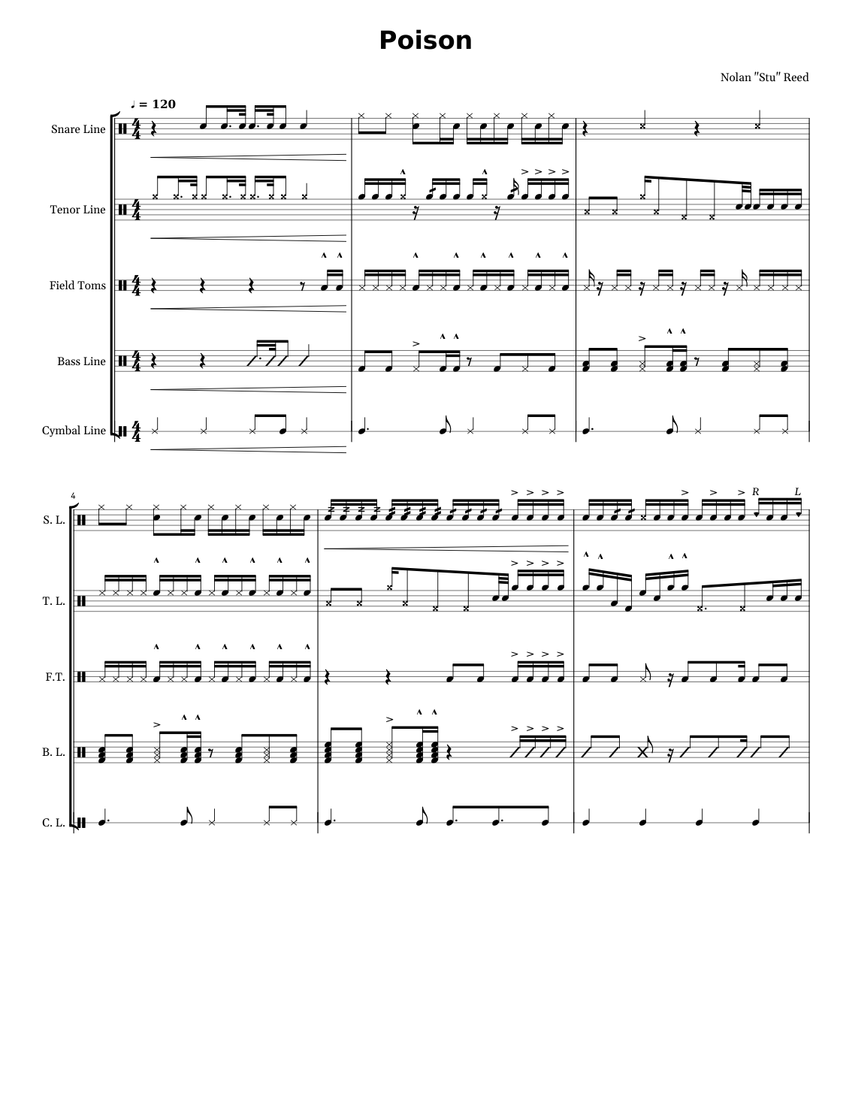 Poison Drumline Cadence Sheet Music for Snare drum, Crash, Tenor drum ...
